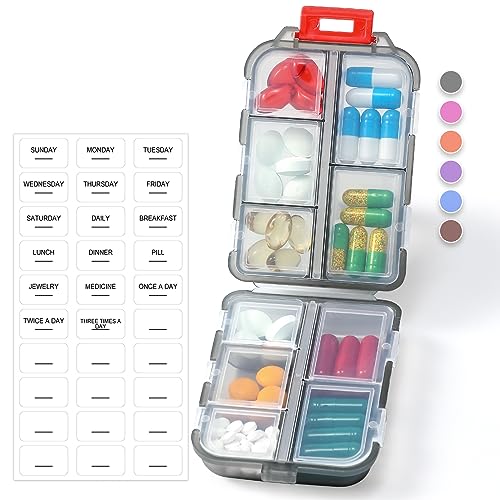 1 Pack Travel Pill Organizer w Labels & 1 Drawstring Pouch, Small 10 Compartments Pocket Pharmacy, Handy Pill Holder Box - Portable Medicine Container Case - Daily Weekly Medication Organizer - Grey