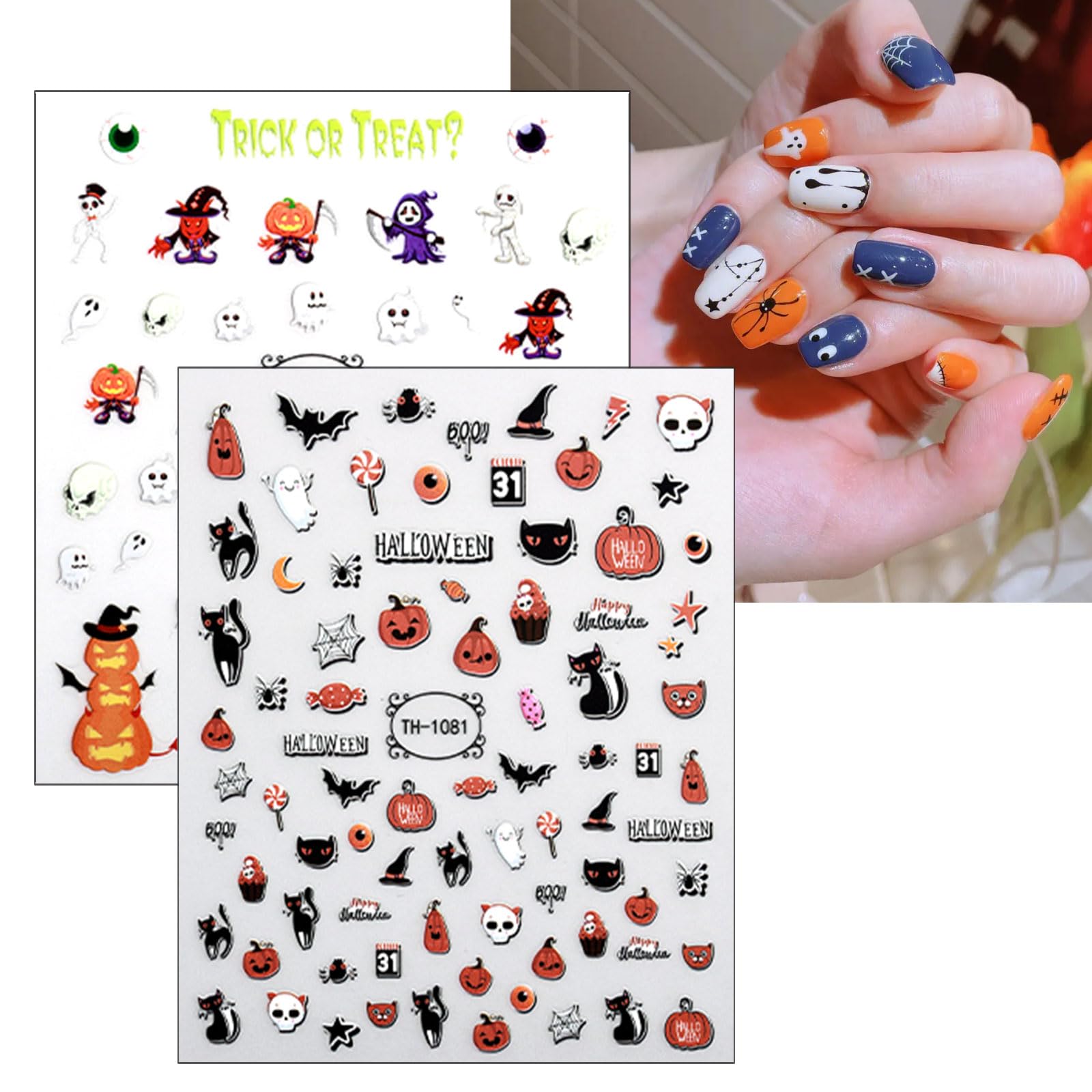 JMEOWIO 9 Sheets Halloween Glow in The Dark Nail Art Stickers Decals Self-Adhesive Pegatinas Uñas Skull Horror Nail Supplies Nail Art Design Decoration Accessories