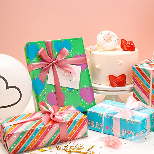 LeZakaa Birthday Wrapping Paper Roll - Mini Roll - Happy Birthday Lettering/Heart/Stripe Design for Boy, Kids Gift Wrapping - 17 x 120 inches, 3 Rolls (42.5 sq.ft.ttl.)