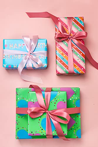 LeZakaa Birthday Wrapping Paper Roll - Mini Roll - Happy Birthday Lettering/Heart/Stripe Design for Boy, Kids Gift Wrapping - 17 x 120 inches, 3 Rolls (42.5 sq.ft.ttl.)
