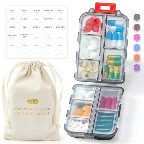 1 Pack Travel Pill Organizer w Labels & 1 Drawstring Pouch, Small 10 Compartments Pocket Pharmacy, Handy Pill Holder Box - Portable Medicine Container Case - Daily Weekly Medication Organizer - Grey