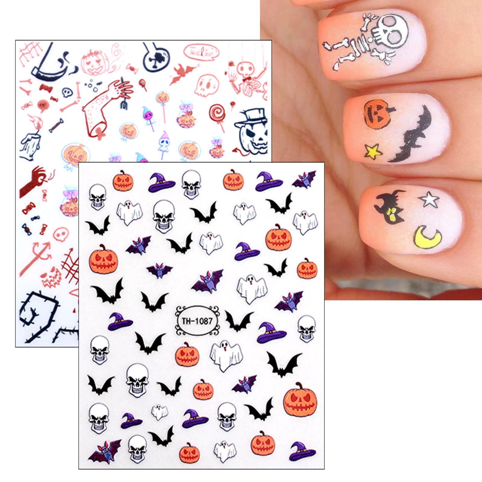 JMEOWIO 9 Sheets Halloween Glow in The Dark Nail Art Stickers Decals Self-Adhesive Pegatinas Uñas Skull Horror Nail Supplies Nail Art Design Decoration Accessories