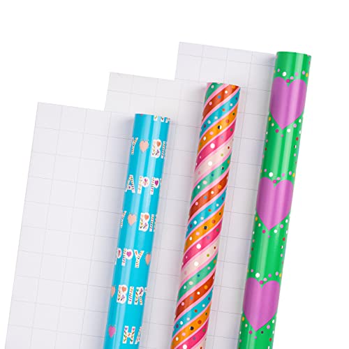 LeZakaa Birthday Wrapping Paper Roll - Mini Roll - Happy Birthday Lettering/Heart/Stripe Design for Boy, Kids Gift Wrapping - 17 x 120 inches, 3 Rolls (42.5 sq.ft.ttl.)