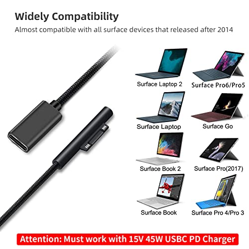Sisyphy Nylon Braided Surface Connect to USB-C Charging Cable Compatible for Microsoft Surface Pro7 Go2 Pro6 5/4/3 Surface Laptop Book,Works with 45W 15V3A USBC Charger and 3A USBC Cable - 0.2 Meters