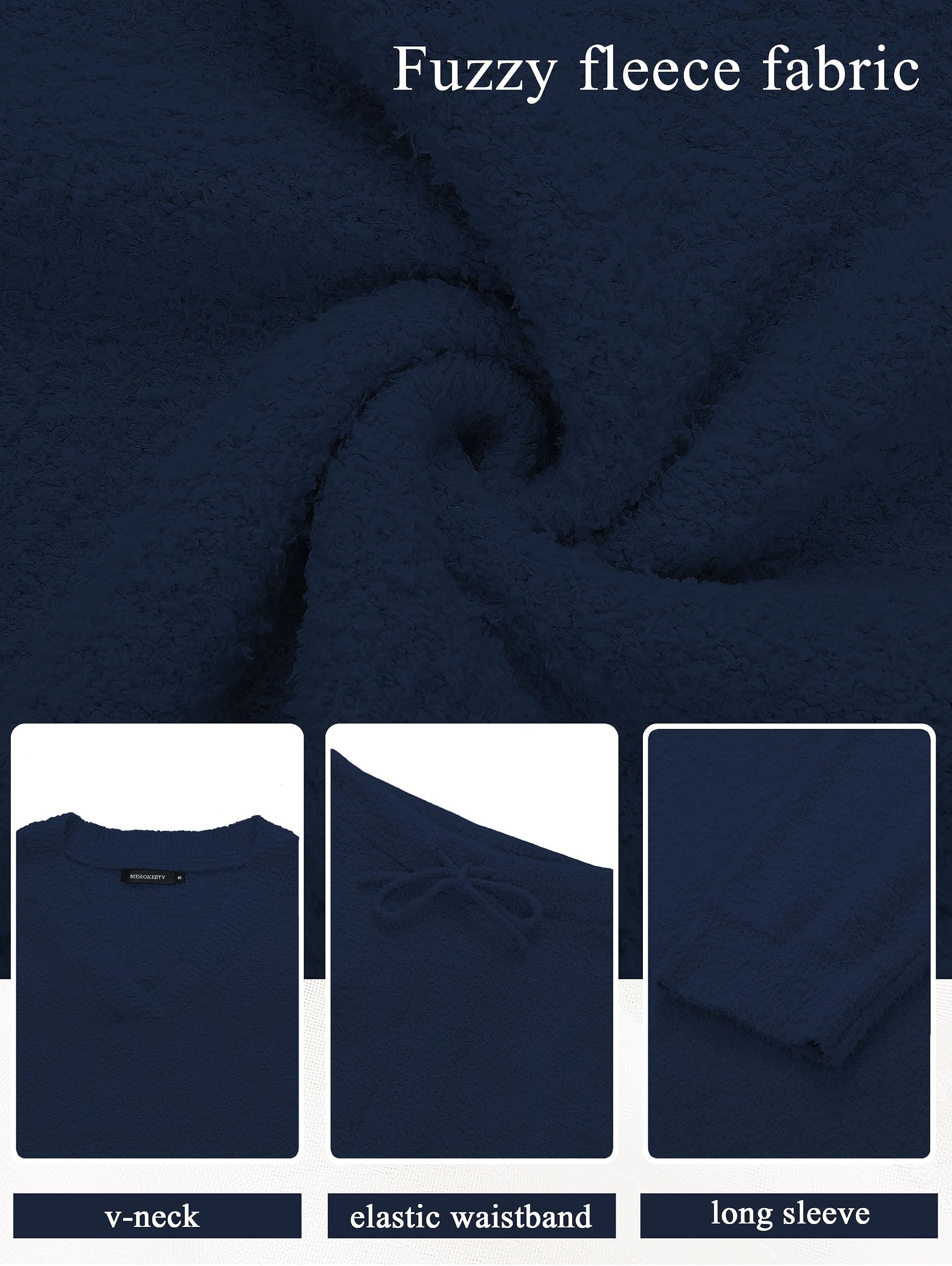 MEROKEETY Lounge Sets for Women Fall Long Sleeve V Neck Knit Pullover Sweater Top and Wide Leg Pants,Navy,M