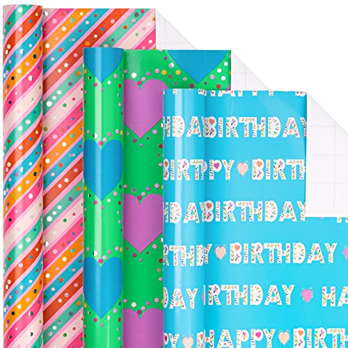 LeZakaa Birthday Wrapping Paper Roll - Mini Roll - Happy Birthday Lettering/Heart/Stripe Design for Boy, Kids Gift Wrapping - 17 x 120 inches, 3 Rolls (42.5 sq.ft.ttl.)
