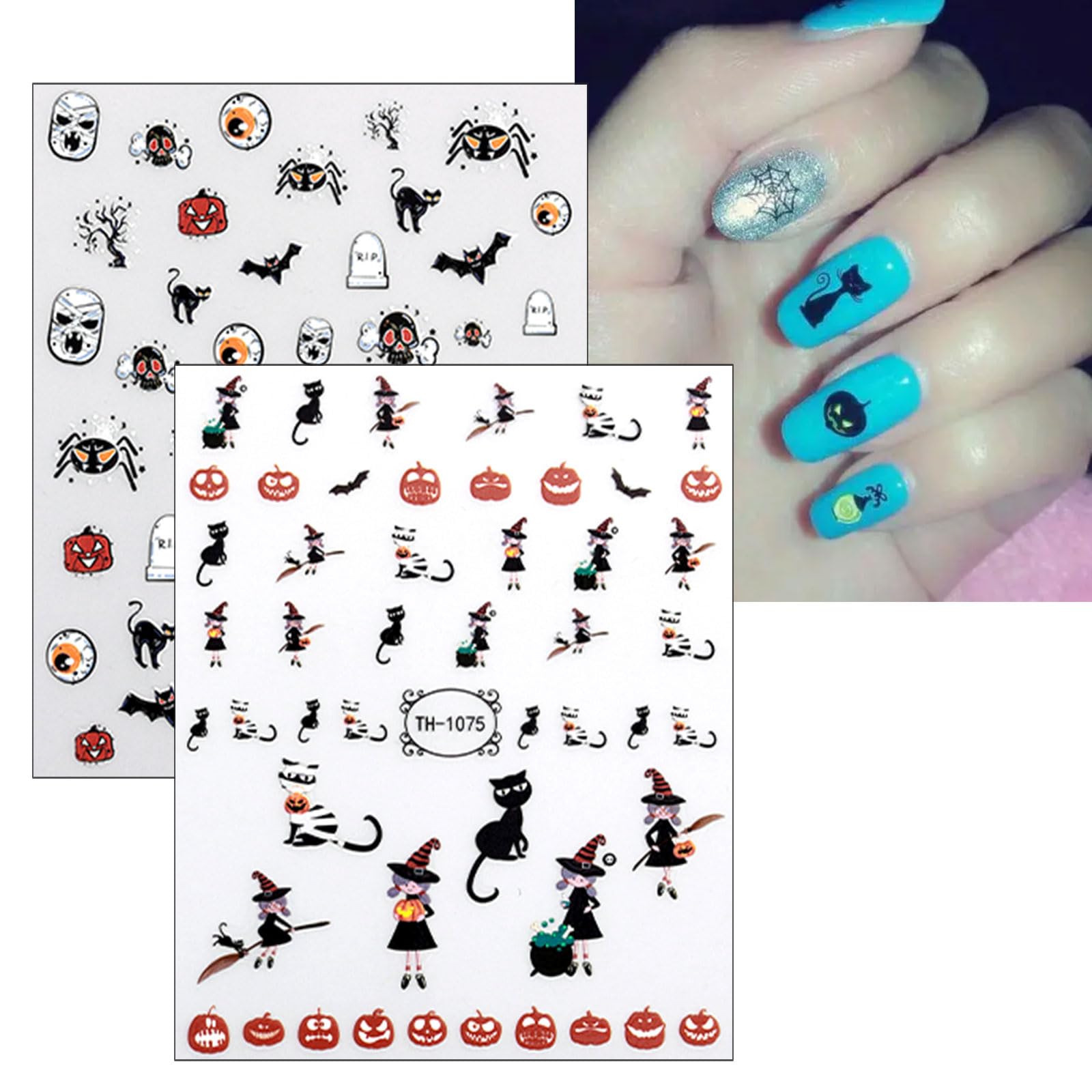 JMEOWIO 9 Sheets Halloween Glow in The Dark Nail Art Stickers Decals Self-Adhesive Pegatinas Uñas Skull Horror Nail Supplies Nail Art Design Decoration Accessories