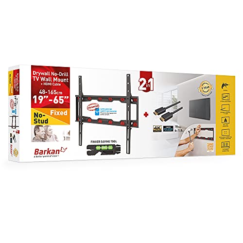 Barkan TV Wall Mount, 19 - 65 inch Fixed, Drywall No Stud No Drill Screen Bracket, Holds up to 71lbs, Auto Lock Patented, 5 Year Warranty , Fits LED OLED LCD, Including 6 ft 4K HDMI Cable Black
