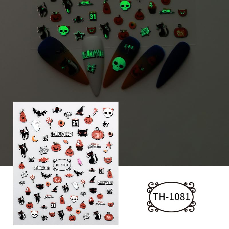 JMEOWIO 9 Sheets Halloween Glow in The Dark Nail Art Stickers Decals Self-Adhesive Pegatinas Uñas Skull Horror Nail Supplies Nail Art Design Decoration Accessories