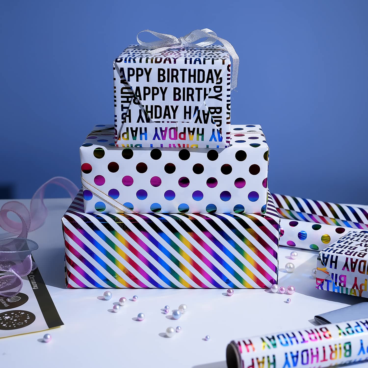 KORSEEN Gift Wrapping Paper Roll, Rainbow Gold Foil Wrapping Paper for Birthday, Party, Holiday - 3 Mini Rolls Birthday Gift Wrap - 17 x 120 Inch Per Roll