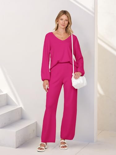 MEROKEETY Women's 2 Piece Outfits Long Sleeve V Neck Knit Pullover Tops and Wide Leg Pant Lounge Set,Rose,M