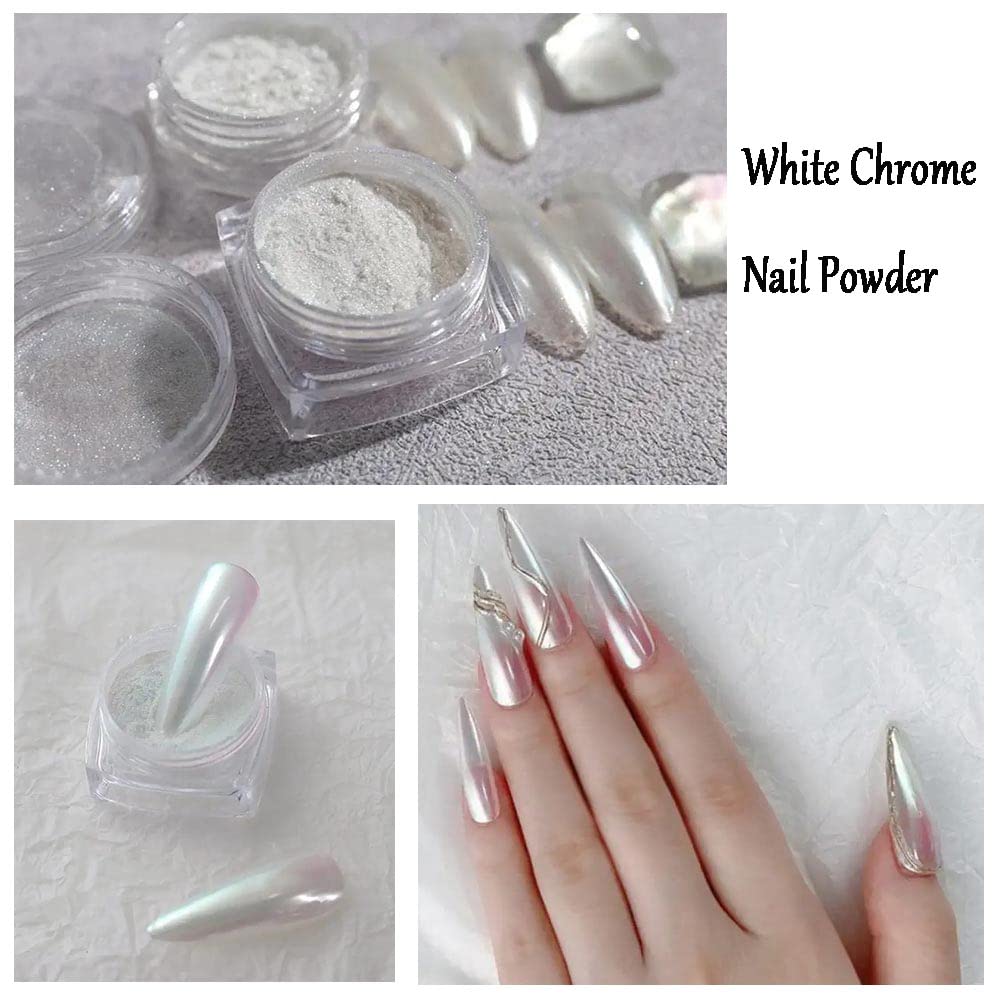 White Pearl Chrome Nail Powder - 2 Boxes Pearl Powder Ice Transparent Aurora Chrome Nail Powder, High Gloss Pearlescent Iridescent Glitters Powder Metallic Pigment for Nails