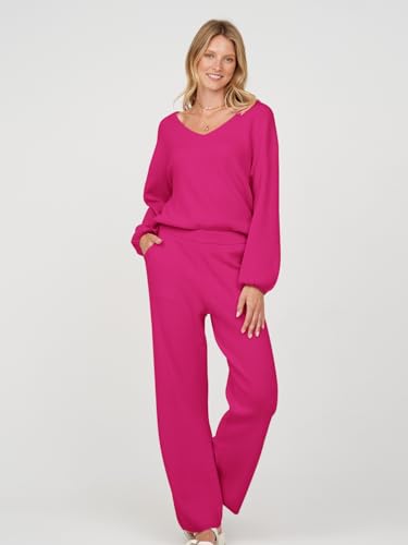 MEROKEETY Women's 2 Piece Outfits Long Sleeve V Neck Knit Pullover Tops and Wide Leg Pant Lounge Set,Rose,M