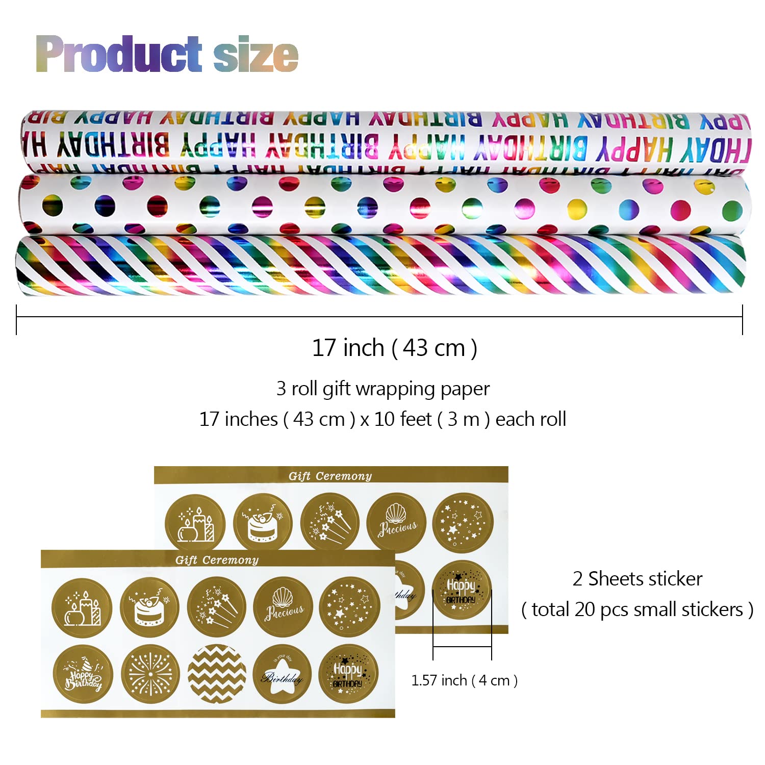 KORSEEN Gift Wrapping Paper Roll, Rainbow Gold Foil Wrapping Paper for Birthday, Party, Holiday - 3 Mini Rolls Birthday Gift Wrap - 17 x 120 Inch Per Roll