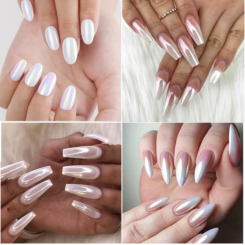 White Pearl Chrome Nail Powder - 2 Boxes Pearl Powder Ice Transparent Aurora Chrome Nail Powder, High Gloss Pearlescent Iridescent Glitters Powder Metallic Pigment for Nails