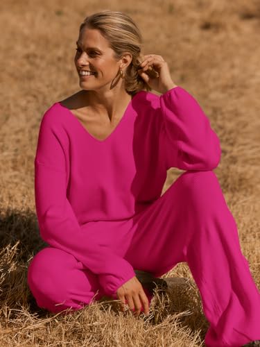 MEROKEETY Women's 2 Piece Outfits Long Sleeve V Neck Knit Pullover Tops and Wide Leg Pant Lounge Set,Rose,M