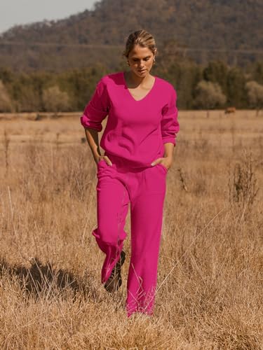 MEROKEETY Women's 2 Piece Outfits Long Sleeve V Neck Knit Pullover Tops and Wide Leg Pant Lounge Set,Rose,M