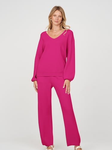 MEROKEETY Women's 2 Piece Outfits Long Sleeve V Neck Knit Pullover Tops and Wide Leg Pant Lounge Set,Rose,M