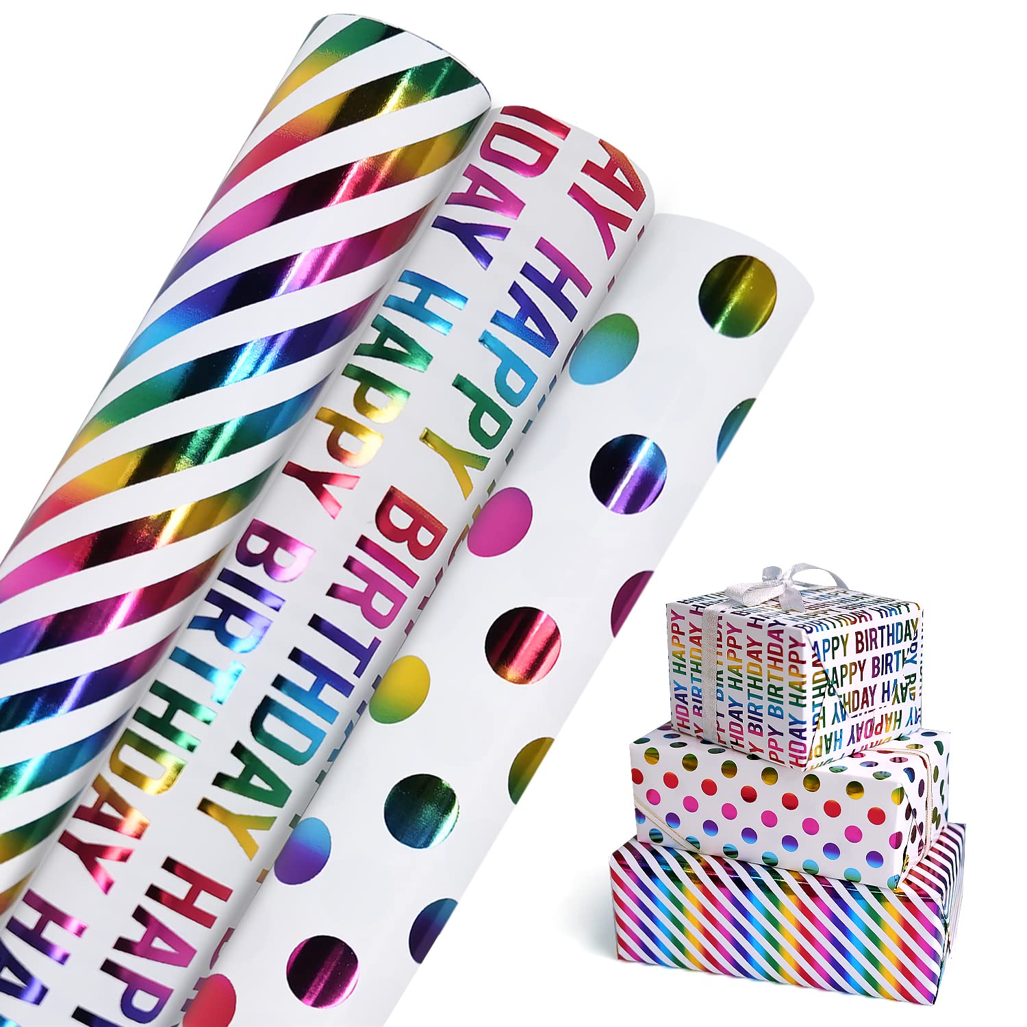 KORSEEN Gift Wrapping Paper Roll, Rainbow Gold Foil Wrapping Paper for Birthday, Party, Holiday - 3 Mini Rolls Birthday Gift Wrap - 17 x 120 Inch Per Roll