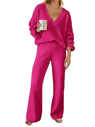 MEROKEETY Women's 2 Piece Outfits Long Sleeve V Neck Knit Pullover Tops and Wide Leg Pant Lounge Set,Rose,M