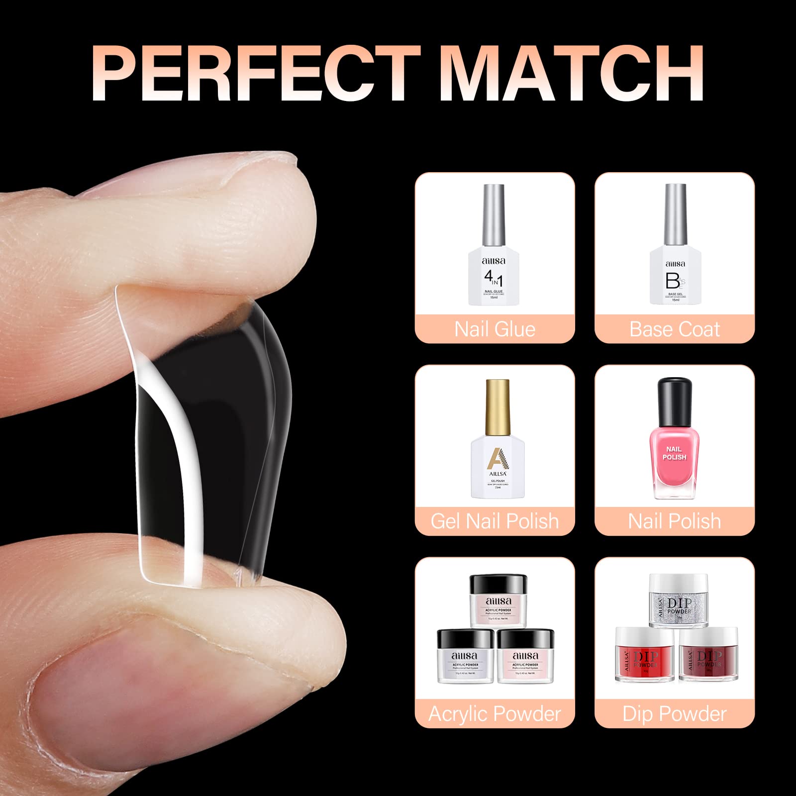 AILLSA Short Square Nail Tips - 504pcs Clear Soft Nail Tips Full Cover Gel Nails Tips Pre-shaped Acrylic for Extensions Easy for Home DIY Nail Salon 12 Sizes