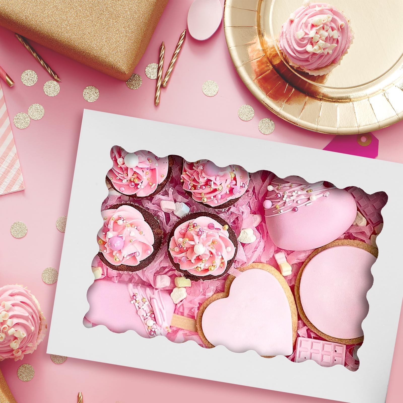 TOMNK 25pcs Cookie Boxes with Window, 16x11x2.5in Large Bakery Boxes for Treats, Desserts, Chocolate Covered Strawberries, Pies, Muffins, Donuts