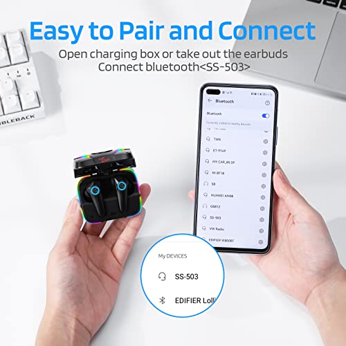 LTC SS-503 TWS Wireless Earbuds, Bluetooth 5.1 in-Ear Earphones with Wireless Charging Case IPX4 Waterproof, Built-in Mic RGB Stereo Headphones for Sport, Gaming, Black