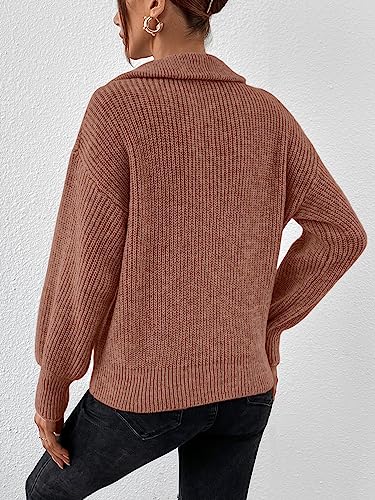 Verdusa Women's Casual Zip Up Long Sleeve Pullover Sweater V Neck Collar Knitted Top Pink XS