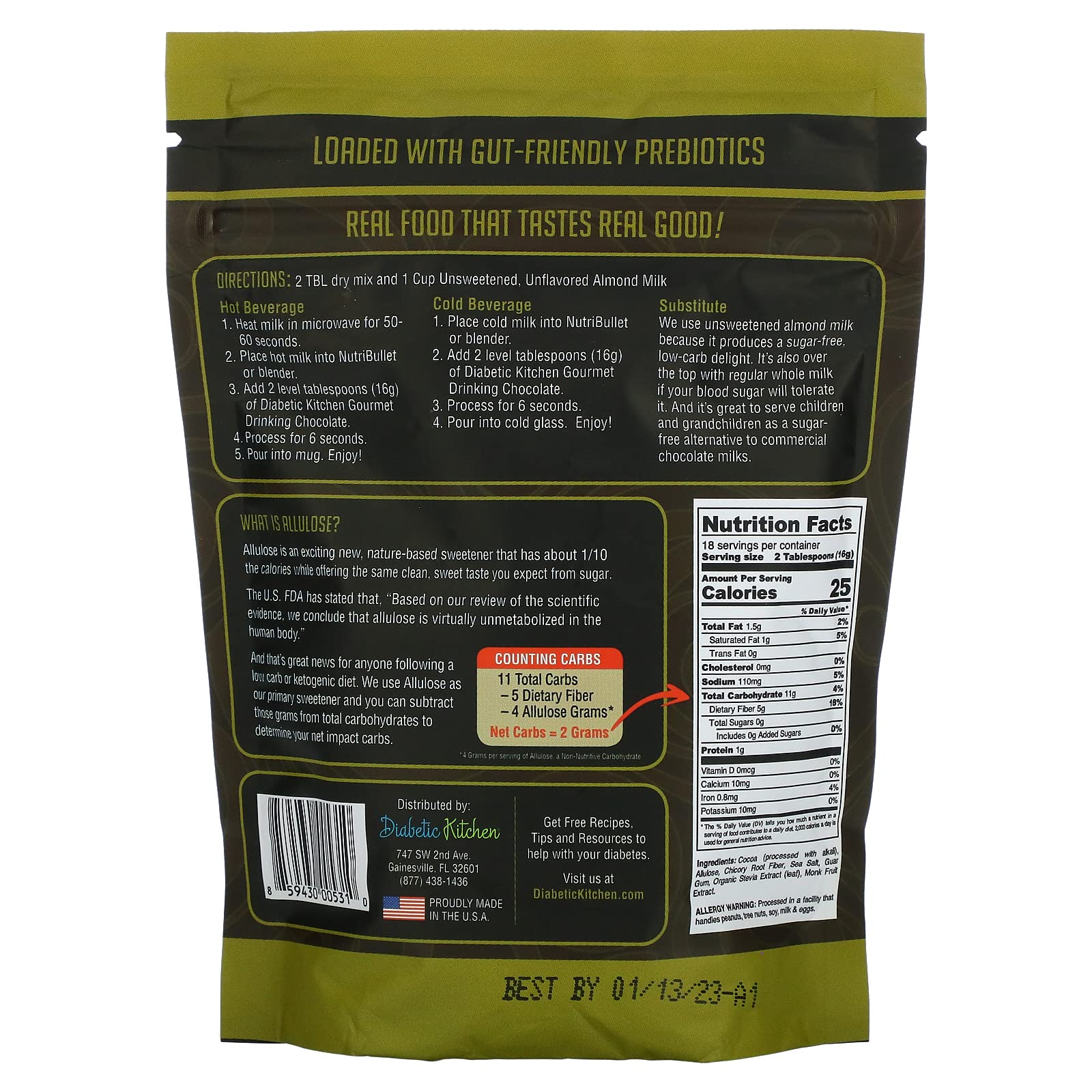 Diabetic Kitchen Gourmet Drinking Chocolate – Sugar Free, Keto Friendly, Low Carb Cocoa Powder Mix w/Prebiotics, No Artificial Sweeteners or Sugar Alcohols - Decadent Hot or Cold Drinks (18 Servings)