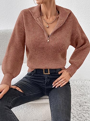 Verdusa Women's Casual Zip Up Long Sleeve Pullover Sweater V Neck Collar Knitted Top Pink XS