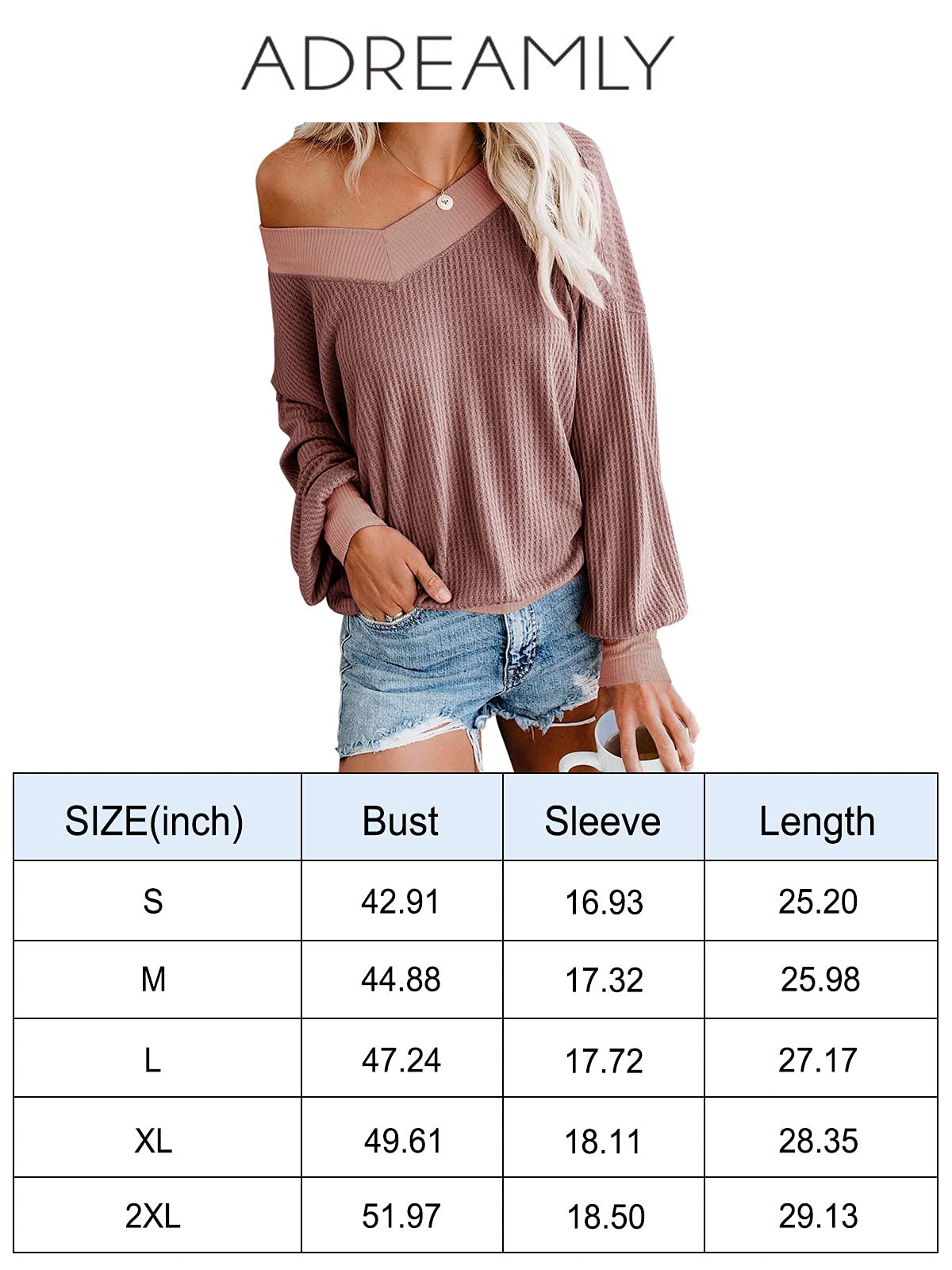 Women's Casual V Neck Long Sleeve Waffle Knit Off Shoulder Top Oversized Pullover Sweater Black Large