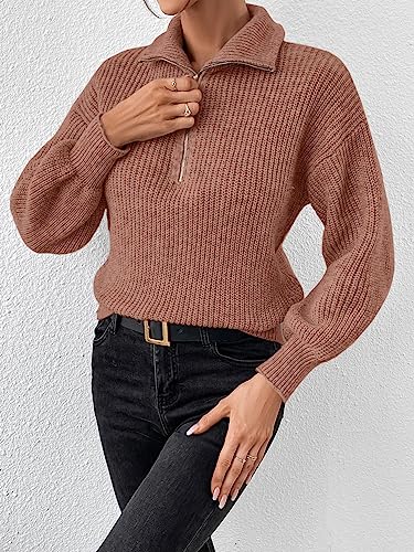 Verdusa Women's Casual Zip Up Long Sleeve Pullover Sweater V Neck Collar Knitted Top Pink XS