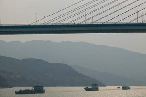 Posterazzi Container Ships Passing a Newly Constructed Bridge on The Yangtze River Wanzhou Chongqing Province China Poster Print by Panoramic Images, (36 x 24), Varies