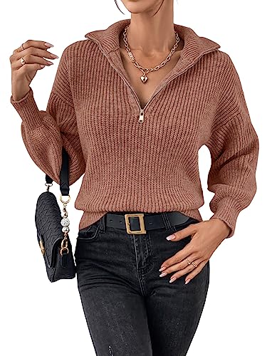 Verdusa Women's Casual Zip Up Long Sleeve Pullover Sweater V Neck Collar Knitted Top Pink XS