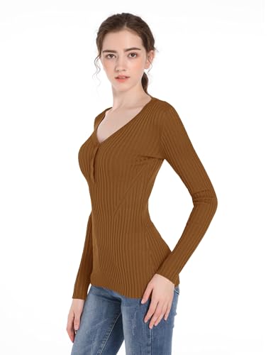 v28 Women Tops Long Sleeve V Neck Henley Button Up Casual Sexy Slim Fit Ribbed Knit Knitwear Pullover Sweater (L, Camel)