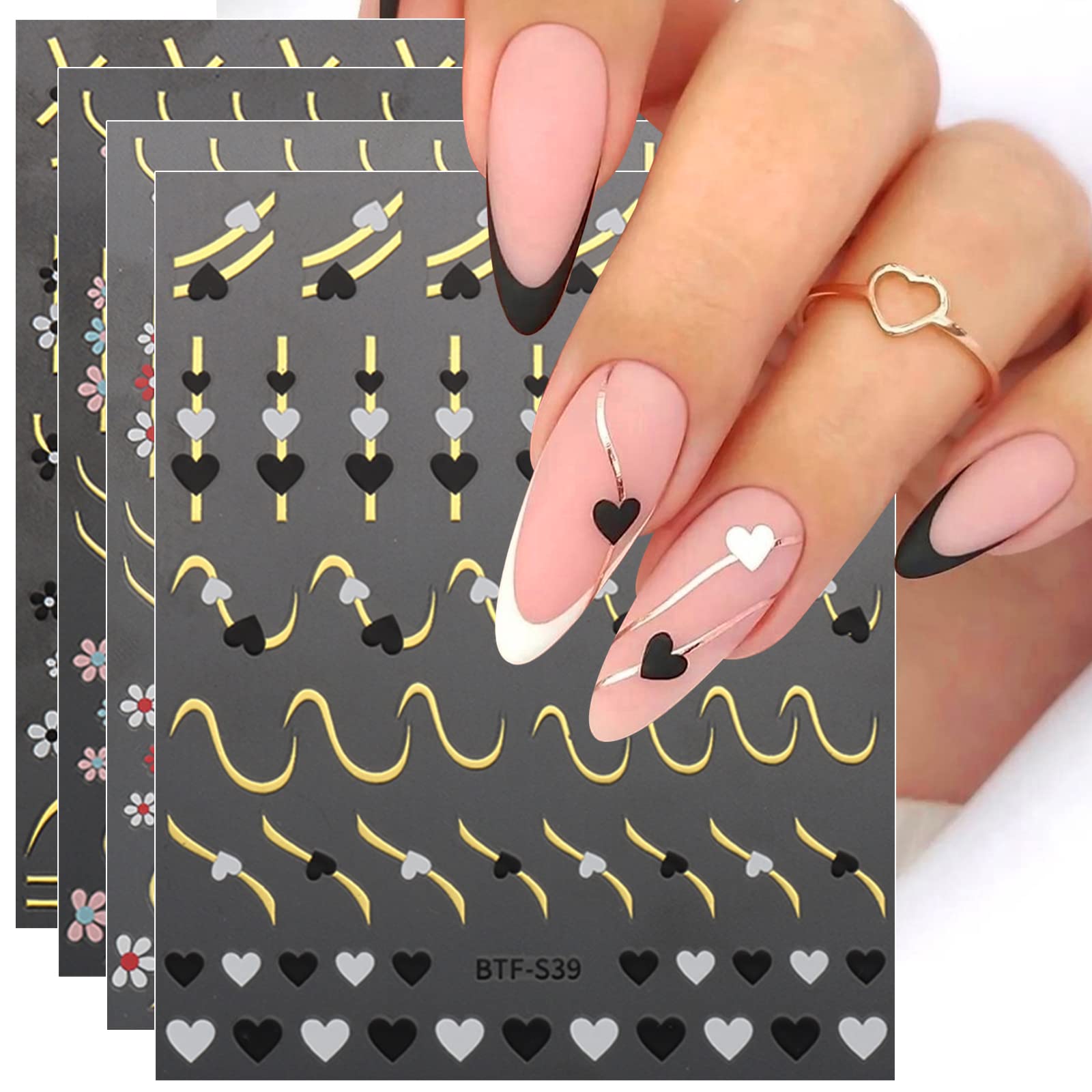 JMEOWIO 9 Sheets Heart Line Flower Nail Art Stickers Decals Self-Adhesive Pegatinas Uñas Colorful Nail Supplies Nail Art Design Decoration Accessories