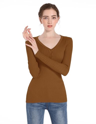v28 Women Tops Long Sleeve V Neck Henley Button Up Casual Sexy Slim Fit Ribbed Knit Knitwear Pullover Sweater (L, Camel)