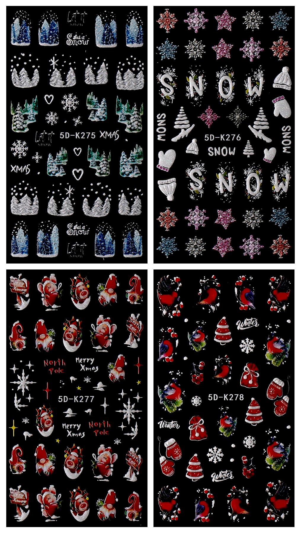 JMEOWIO 3D Embossed Christmas Nail Art Stickers Decals Self-Adhesive Pegatinas Uñas 5D Xmas White Snowflake Winter Holiday Nail Supplies Nail Art Design Decoration Accessories 4 Sheets