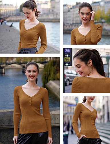 v28 Women Tops Long Sleeve V Neck Henley Button Up Casual Sexy Slim Fit Ribbed Knit Knitwear Pullover Sweater (L, Camel)
