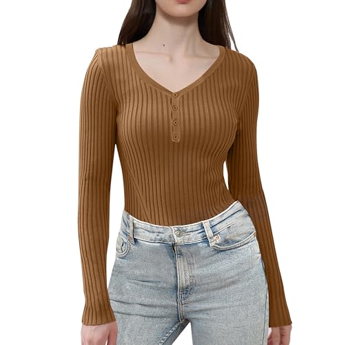v28 Women Tops Long Sleeve V Neck Henley Button Up Casual Sexy Slim Fit Ribbed Knit Knitwear Pullover Sweater (L, Camel)