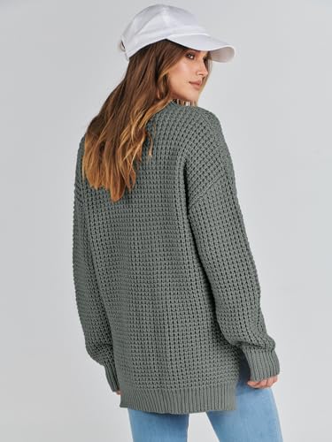 ANRABESS Womens Oversized Sweater Long Sleeve Loose V Neck Button Jumper Casual Waffle Side Slit Knit Pullover 2024 Clothes X-Large Gray Green