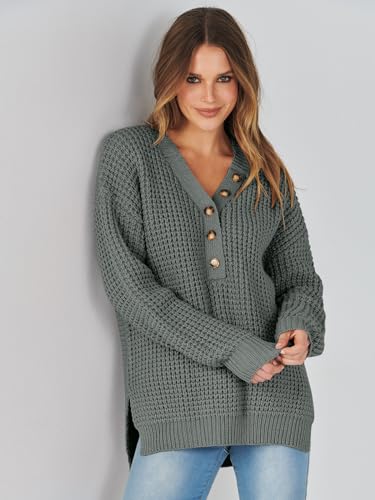 ANRABESS Womens Oversized Sweater Long Sleeve Loose V Neck Button Jumper Casual Waffle Side Slit Knit Pullover 2024 Clothes X-Large Gray Green