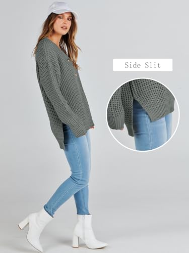 ANRABESS Womens Oversized Sweater Long Sleeve Loose V Neck Button Jumper Casual Waffle Side Slit Knit Pullover 2024 Clothes X-Large Gray Green