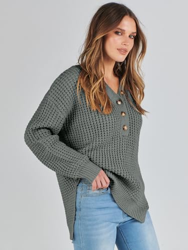 ANRABESS Womens Oversized Sweater Long Sleeve Loose V Neck Button Jumper Casual Waffle Side Slit Knit Pullover 2024 Clothes X-Large Gray Green