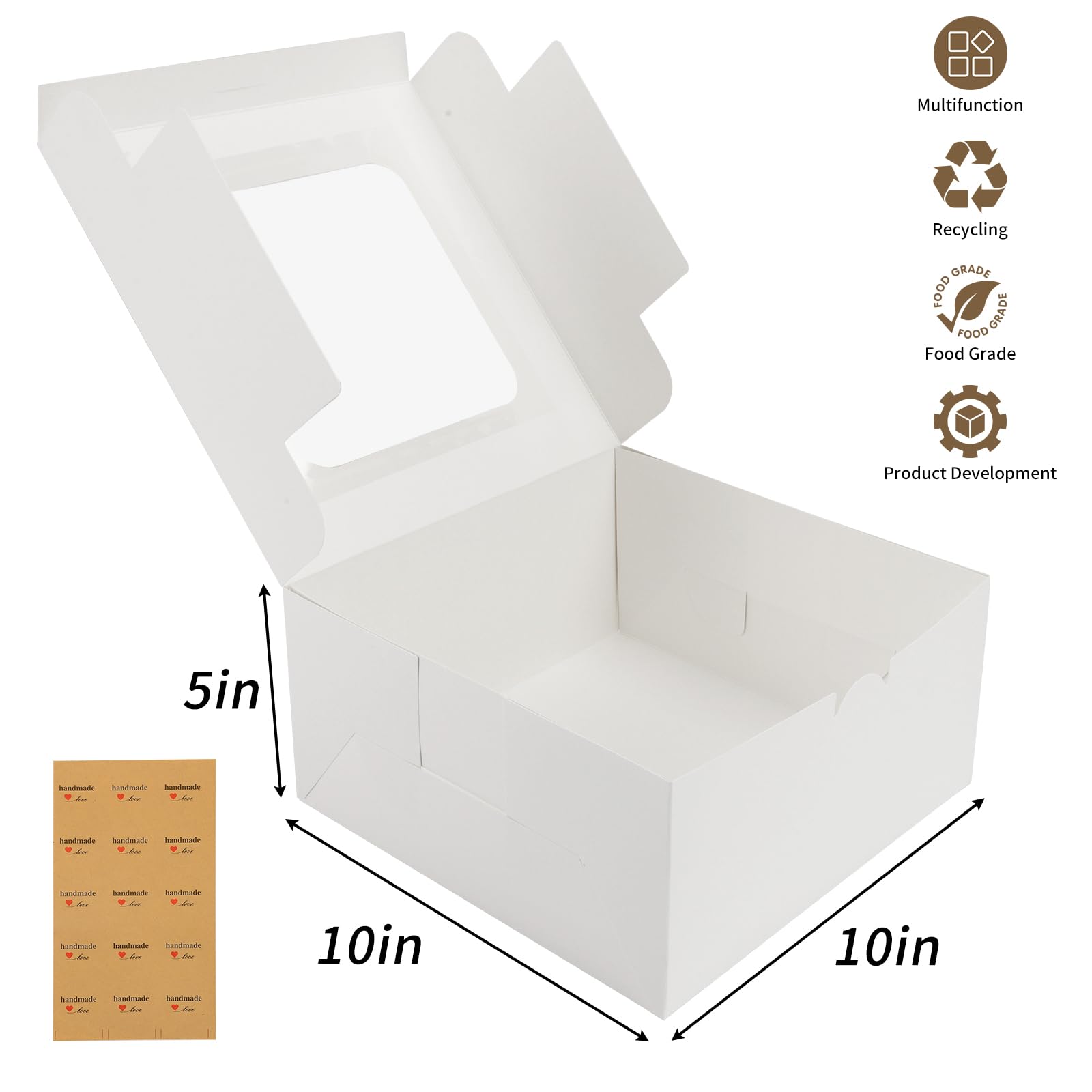 Moretoes 24pcs Cake Boxes, 10x10x5 Inches White Square Bakery Boxes with Window Cajas Pasteles for Cake, Valentine's Day, Pastries, Chocolates, Cookies, Pie, Birthday Party, Wedding, Easter