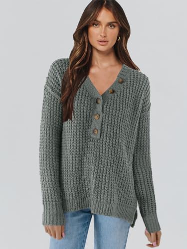 ANRABESS Womens Oversized Sweater Long Sleeve Loose V Neck Button Jumper Casual Waffle Side Slit Knit Pullover 2024 Clothes X-Large Gray Green