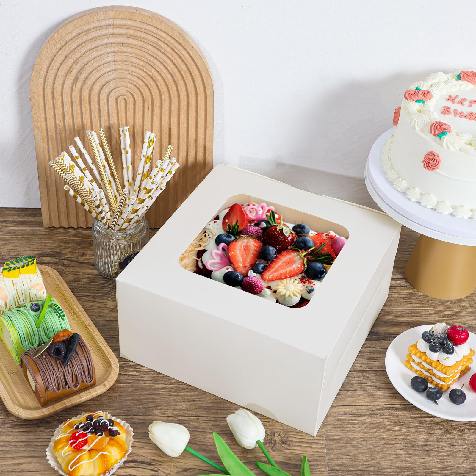 Moretoes 24pcs Cake Boxes, 10x10x5 Inches White Square Bakery Boxes with Window Cajas Pasteles for Cake, Valentine's Day, Pastries, Chocolates, Cookies, Pie, Birthday Party, Wedding, Easter