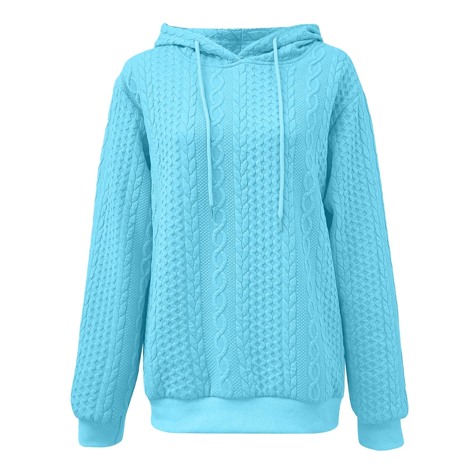 PETYCZEN Fall Sweatshirts for Women Casual Long Sleeve Slouchy Cozy Lightweight Cable Knit Oversized Hoodie Chunky Y2K Sweater Drawstring Pullover Tops Trendy Clothes with Pockets Light Blue 3X-Large