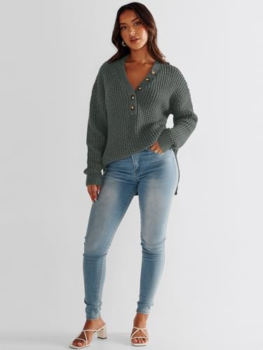 ANRABESS Womens Oversized Sweater Long Sleeve Loose V Neck Button Jumper Casual Waffle Side Slit Knit Pullover 2024 Clothes X-Large Gray Green