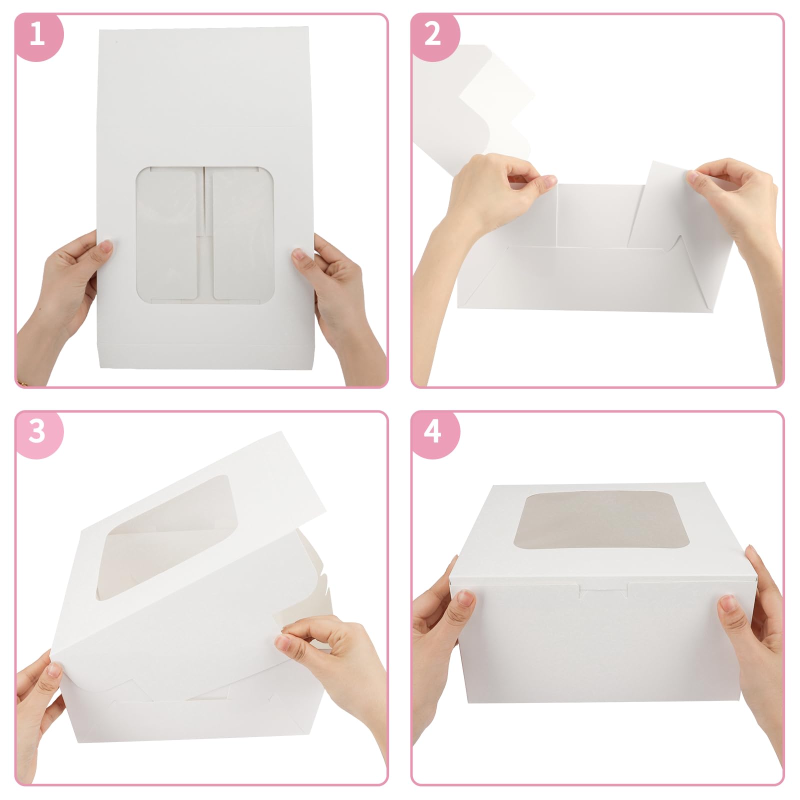 Moretoes 24pcs Cake Boxes, 10x10x5 Inches White Square Bakery Boxes with Window Cajas Pasteles for Cake, Valentine's Day, Pastries, Chocolates, Cookies, Pie, Birthday Party, Wedding, Easter
